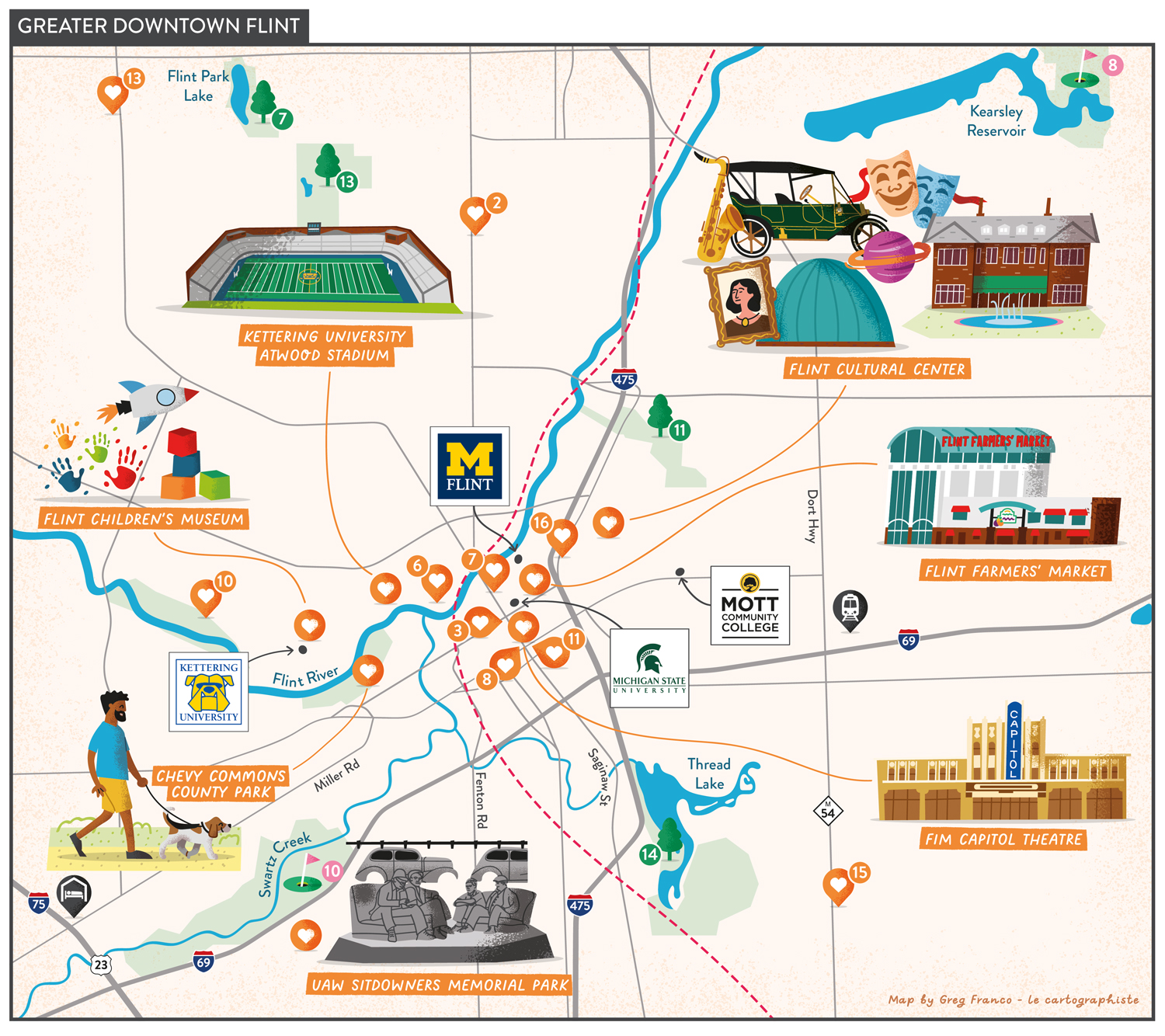 Carte touristique illustrée pour la brochure de Flint, Michigan - Greg ...